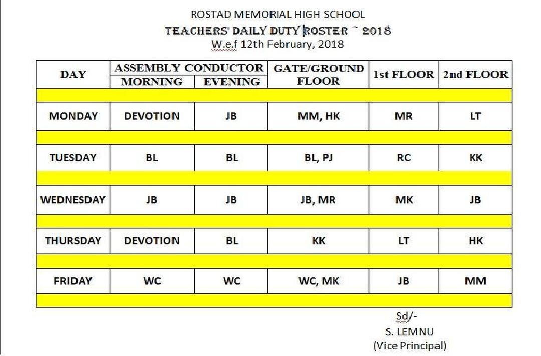 Teachers' Daily Duty Roster | Rostad Memorial High School